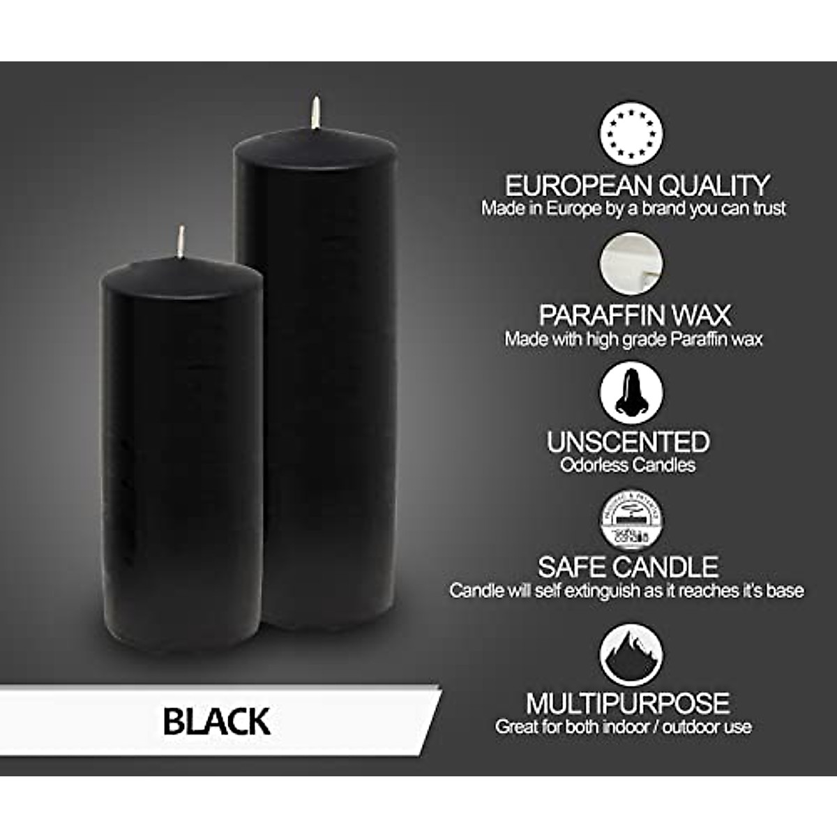 Hyoola Black Pillar Candles 2x8 Inch - 4 Pack Unscented Pillar Candles - European Made