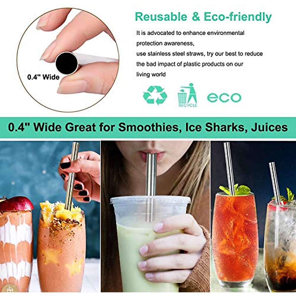Vinaco Stainless Steel Smoothie Straws, 0.4'' Extra Wide Reusable Metal Drinking Straws for Milkshake, Smoothie, Beverage, Set of 4 with 1 Cleaning Brush