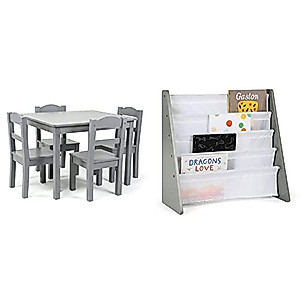 Humble Crew Kids Wood Table and 4 Chair Set, Grey & Grey/White Kids Book Rack Storage Bookshelf, 4 Tiers