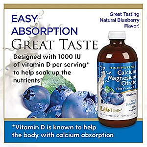 Lifetime High Potency Calcium Magnesium Citrate w/Vitamin D-3 | Bone & Muscle Support | Easy Absorption, Dairy & No Gluten | Blueberry | 16 FL oz
