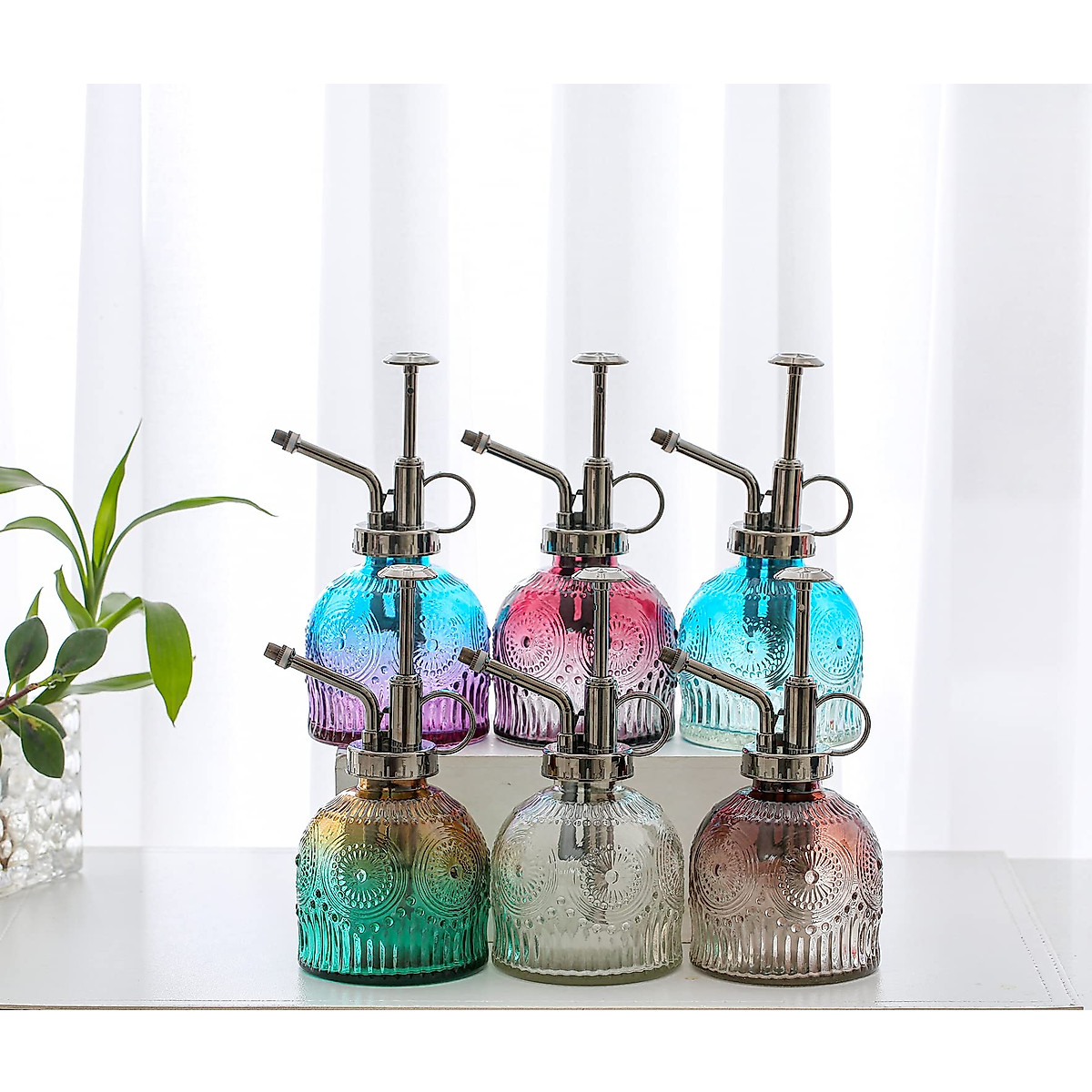 Glass Plant Mister Spray Bottle, 6.3inch Tall Vintage Plant Spritzer Watering Can, Succulent Watering Bottle with Top Pump, Plant Mister Glass Watering Garden Tool (Grey Red Gradient)