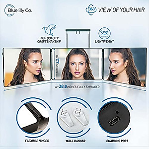 Bluelilly Co. 3 Way Mirror for Makeup & Hair Styling LED Lighted Mirror Portable 360 View Mirror for Braiding