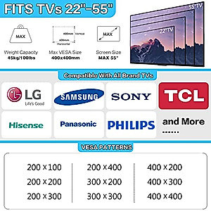 No Stud TV Mount for All Brand 22-55 Inch TVs, Universal Studless TV Drywall Mount Bracket for Flat Screen TVs Monitors, Low Profile, Loading Capacity 100lbs, Max Vesa 400 x 400mm