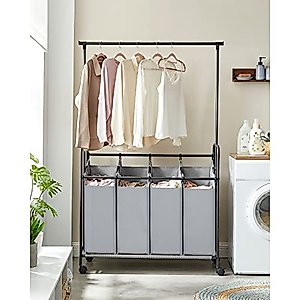 4-Bag Laundry Sorter Rolling Cart with Hanging Bar Heavy-Duty Wheels Gray Grey Polyester