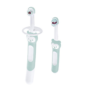 MAM Learn to Brush Set (1 Baby's Brush Toothbrush, 1 Training Brush, 1 Safety Shield), Baby Toothbrushes with Brushy The Bear, Interactive App, for Boys 5+ Months, Blue