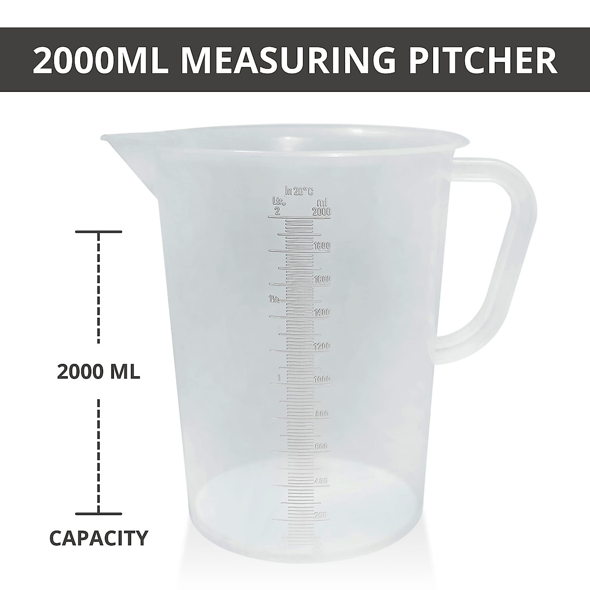 AppleTofu Appletofu Plastic Graduated Measuring and Mixing Pitcher - 2000ml Plastic Graduated Measuring Pitcher - Large Cylinder Graduated Measuring Container with Handle and Pour Spout - 2 Liter