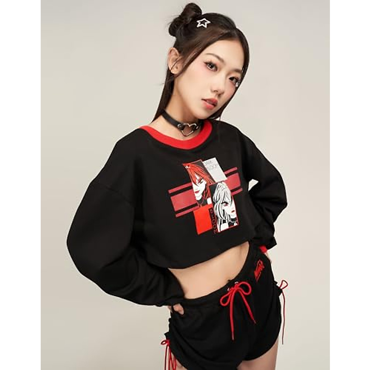 Winx Club Women's Dark Bloom Long-sleeves Blouser and Shorts Loungewear Two-Piece Pajamas Set Sleepwear (Large) Black