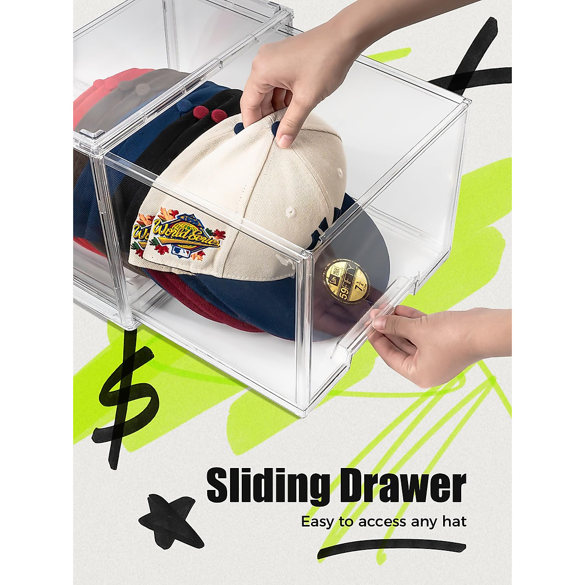 SCAVATA 2 Pack Hat Organizers, Stackable Clear Baseball Caps Holder Box Containers With Drawers for Hats Snapback Cap Storage, Hat Rack Display Case -Clear