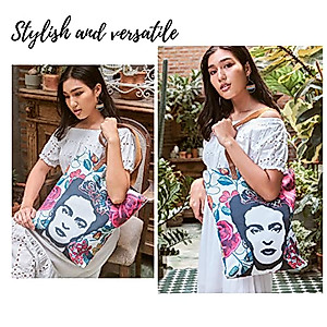Akitai Frida Kahlo Inspired White Portrait Buenos Aires Mural Floral Tote Bag Relaxed - Shoulder - Great For Shopping, Travelling, and Days Out – Boho - Handbag - Art Bag in the Image of Frida Kahlo