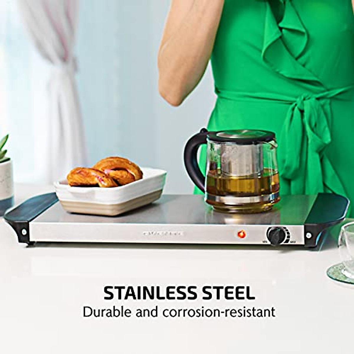 Ovente Electric Warming Tray with Adjustable Temperature Control, Stainless Steel Frame & Cool-Touch Handles, Compact Food Warmer Perfect for Buffets Parties Events Dinners and Holidays, Silver FW170S