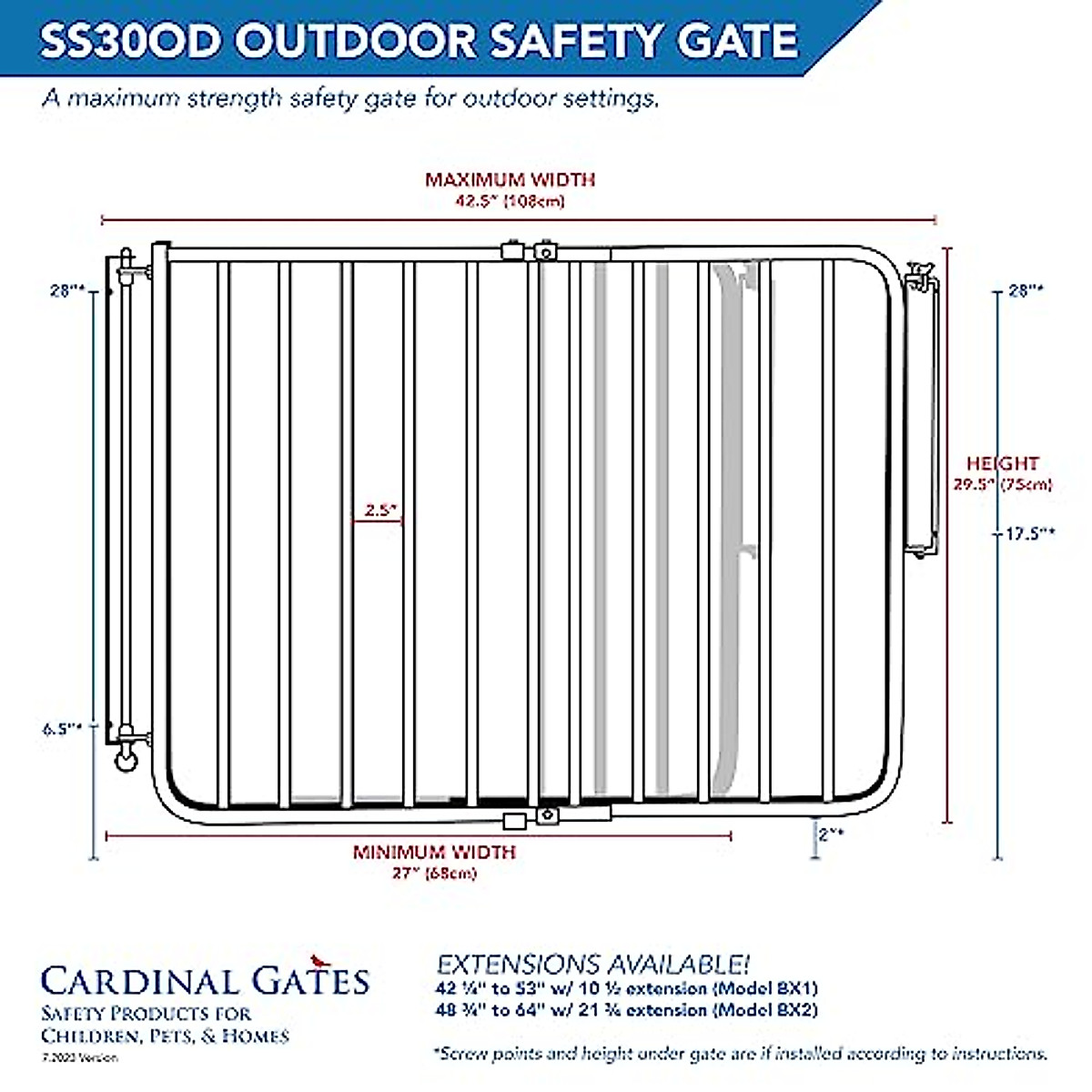 Cardinal Gates SS30OD Outdoor Baby Gate for Stairs - Adjustable Outdoor Dog Gate - Aluminum Safety Gate for Kids & Pets - Can be Installed at Angles - 27 to 42.5 Inches Wide - Black