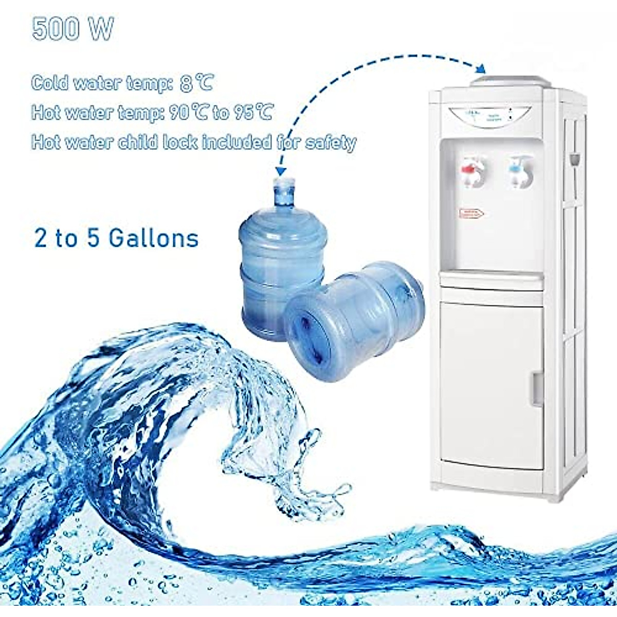 Water Cooler Dispenser 3-5 Gallon Bottles,Top Loading Hot & Cold Water Dispenser, Child Safety Lock Water Cooler for Indoor Home Office Use with Storage Cabinet, White