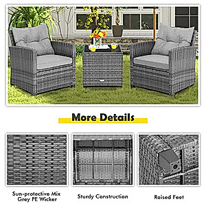 Tangkula 3 Pieces Patio Furniture Set, Outdoor PE Rattan Conversation Chair Set with Tempered Glass Side Table and Removable Cushions, PE Wicker Chairs and Table Set for Porch, Balcony and Garden
