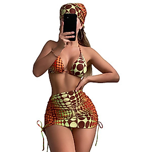 COZYEASE Women's 4 Piece Swimsuits Sexy Bikini Sets Triangle Bathing Suit with Mesh Cover Up Beach Skirt & Bandana Multicolor S