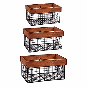 DII Farmhouse Wood Rimmed Wire Storage Basket Set, Bronze, Assorted