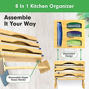 Foil and Plastic Wrap Organizer - Zip Lock Bag Organizer Plastic Wrap Dispenser with Cutter – Premium Bamboo Plastic Bag Organizer with Paper Towel Holder – Easy Installation
