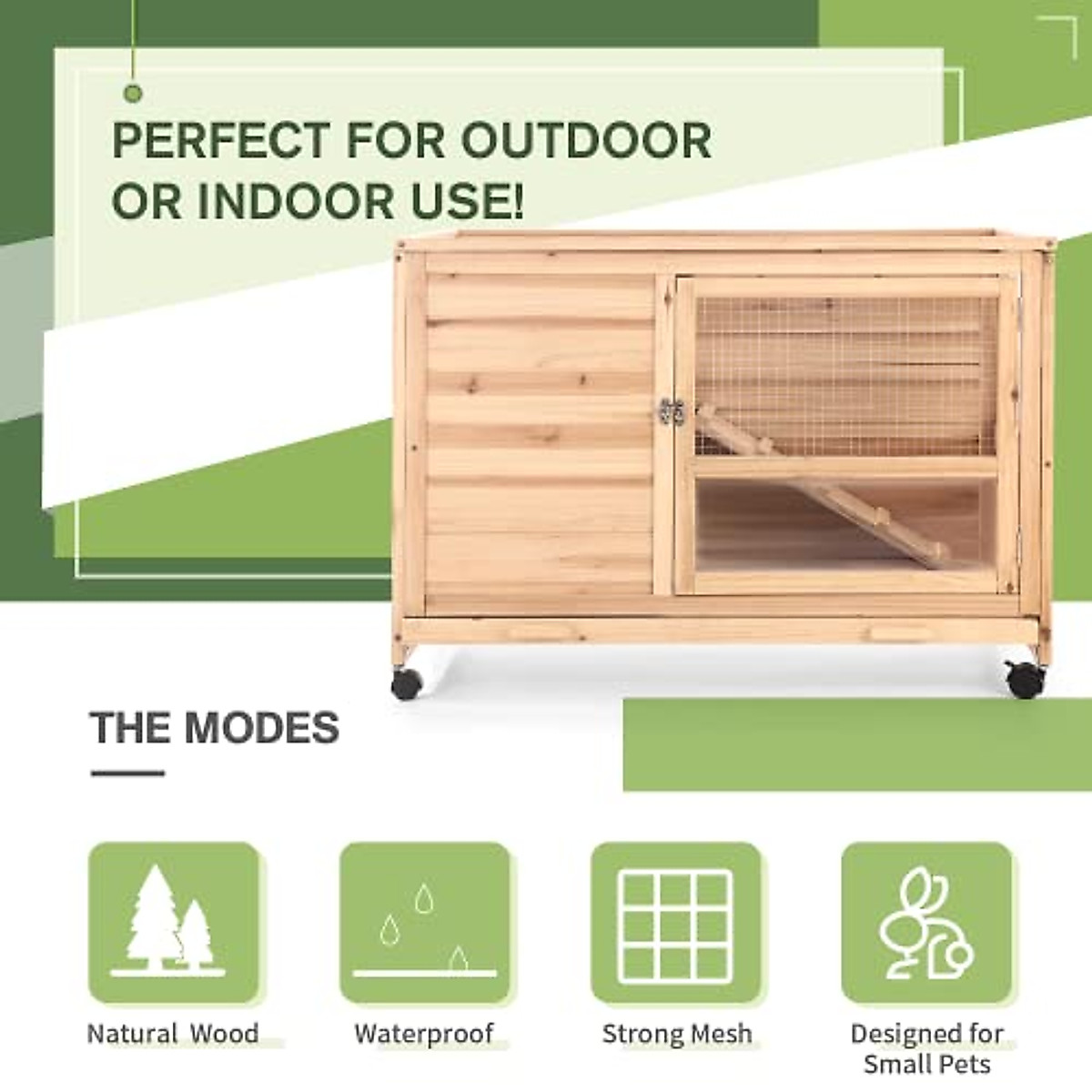 YOLENY Rabbit Hutch, Wooden Small Animal Cage, Bunny Hutch Indoor Rabbit Cage, Outdoor Guinea Pig Cage Hedgehog Cage, Removable Tray, Safety Lock, Galvanized Mesh Wires, Access Ramps