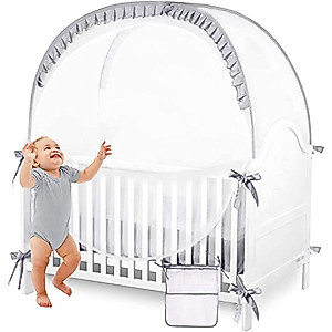 ZXPLO Baby Safety Crib Tent Infant Pop up Mosquito Net Nursery Bed Canopy Netting Cover - Keep Baby from Climbing Out with Hanging Diaper Storage Bag (Gray)