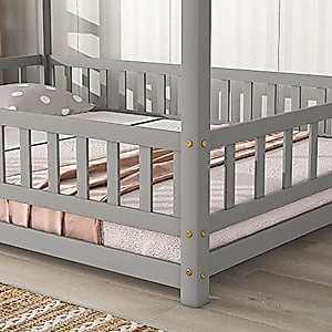 DEYOBED Full House Roof Floor Bed Frame - Wooden Bed with Fence Guardrails, Low Wooden Playhouse Bed for Girls and Boys, Gray Finish