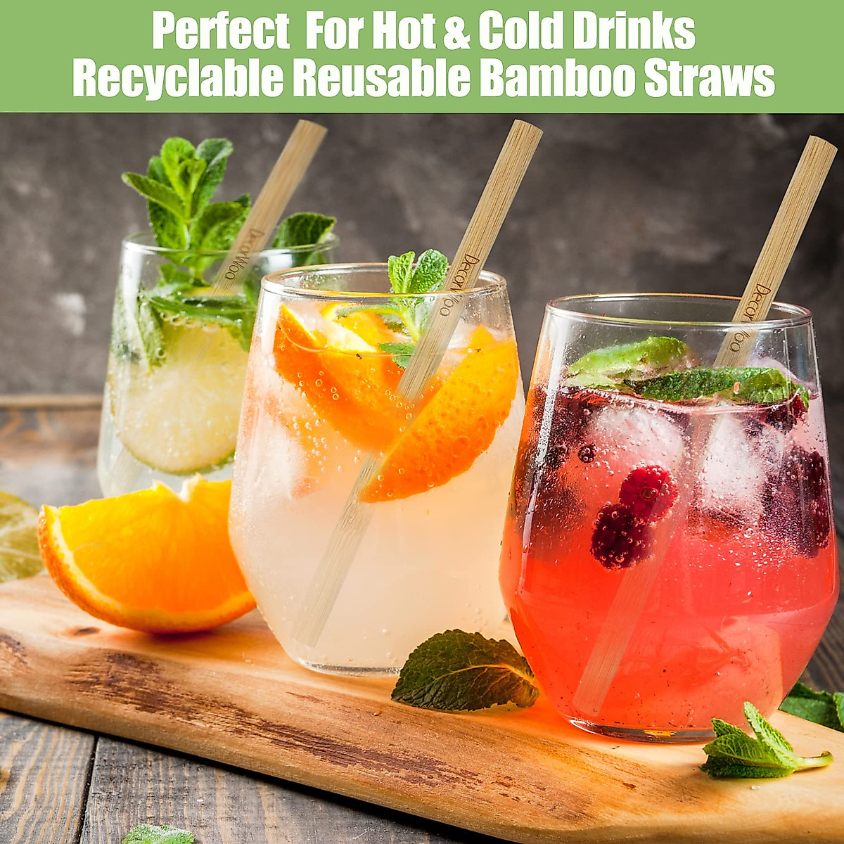 DecorWoo 20 Pack Reusable Straws, 7.8 Inch Bamboo Straws BPA Free, Biodegradable Wooden Straws Alternative to Plastic Straws, Include Cleaning Brush and Travel Pouch