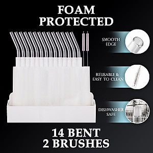 THRISTO Glass Straw 16-Pack- Glass Straws Shatter Resistant 14 Bent, 10”x10mm, 2x Cleaning Brushes- Foam Wrap Secured- Ideal for Hot Coffee & Chilled Smoothie at Home & Party