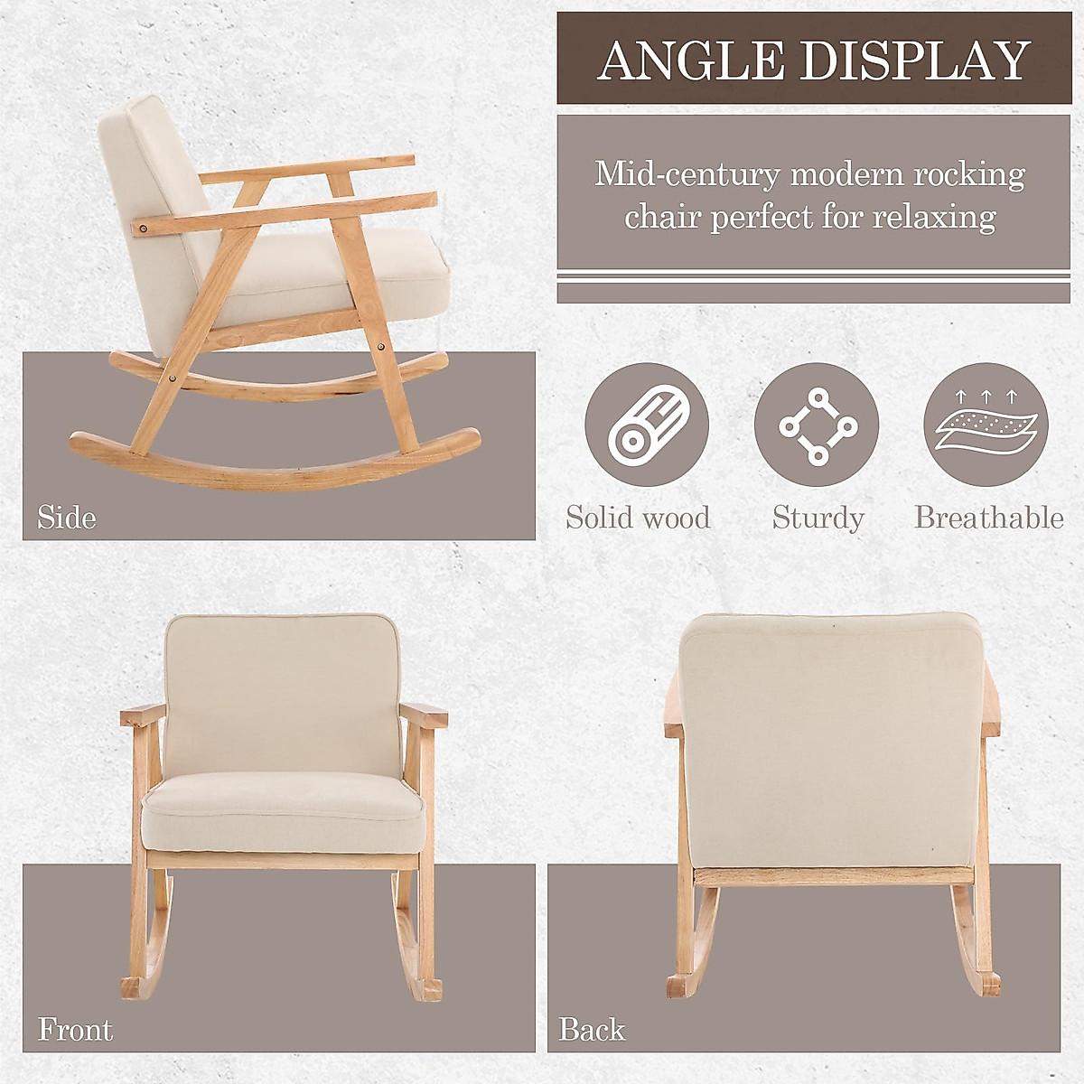 JEEOHEY Nursery Rocking Chair, Modern Upholstered Button Tufted Teddy Fabric Rocker Glider Chairs Single Sofa Armchair w/Solid Wood Legs, Side Pockets for Nursery Room, Living Room, White