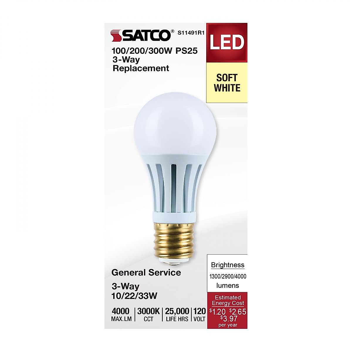 Satco LED Three-Way Lamp, 10/22/33W, Mogul Base, 3000K, White Finish (1)