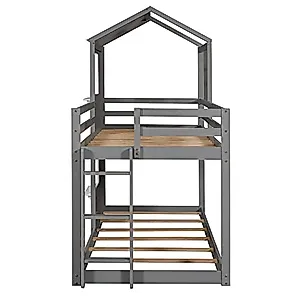 Lepfun Bunk Bed,Twin Over Twin Size Bunk Bed Wood Bed with Roof and Window for Bedroom,Guest Room and Dorm,Wooden Bunk Bed with Guardrail and Ladder for Kids,Teens,Girls,Boys,Noise Free,White