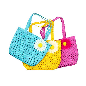 AUEAR, 3 Set Girls Straw Hat and Purse Set Tea Party Summer Beach Sunflower Daisy Flower Sunhats Blue Yellow Pink