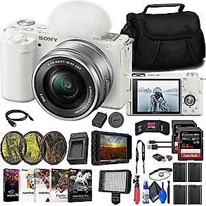 Sony ZV-E10 Mirrorless Camera with 16-50mm Lens (White) (ILCZV-E10L/W) + 4K Monitor + 2 x 64GB Card + Filter Kit + LED Light + External Charger + 3 x NPF-W50 Battery + Card Reader + More (Renewed)