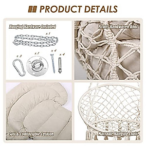 Hammock Chair with Cushion, Handmade Macrame Swing Chair with Hanging Hardware Kits, Bohemian Style Cotton Rope, Hanging Chair for Indoor Outdoor, Bedroom, Living Room, Patio -330lbs Capacity
