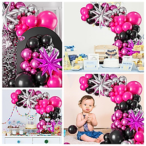 Black Pink Balloons Garland Arch Kit, Hot Pink Black Silver Balloons Arch With Star Balloons For Girls Birthday Engagement Anniversary Wedding Bridal Decoration