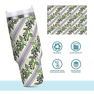 Emelivor Berries Leaves Stripes 30 oz Tumbler with Lid and Straw Insulated Tumblers with Handle Leak Proof Travel Coffee Mug Water Cup Bottles Fits in Car Cup Holder