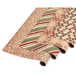 American Greetings Winter Wrapping Paper, Red, Green and Kraft (4 Pack, 80 sq. ft.)