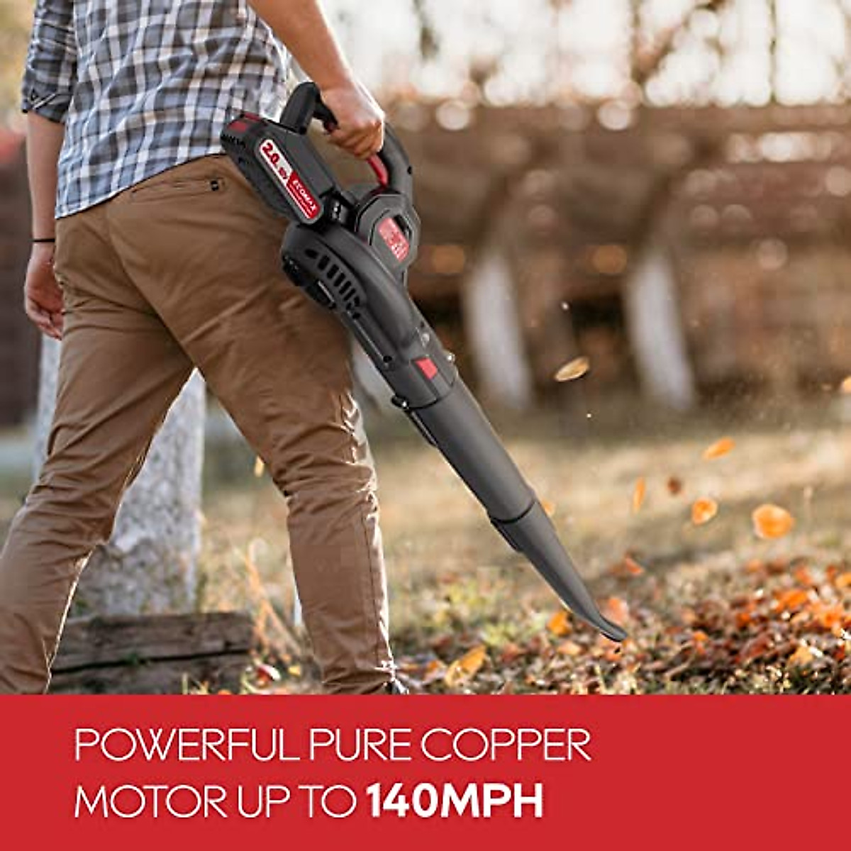 Ecomax 18V Electric Leaf Blower, Leaf Blower Cordless with 2Ah Battery and Charger, Lightweight Blower Battery Powered for Lawn Care & Snow Blowing & Yard Cleaning, ELG04, Black & Red