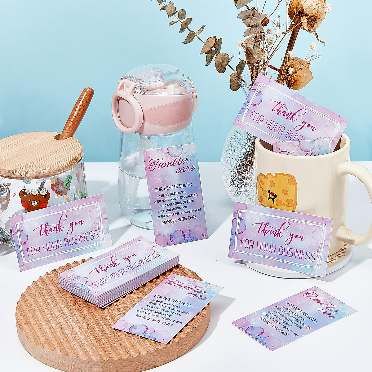 PLIGREAT 120 Pcs Cup Care Instructions Cards, Tumbler Cups Care Cards, Cup Cleaning Care Directions Cards for Handmade Mug Online Shop Owners Package Insert Card for Small Business Thank You Card