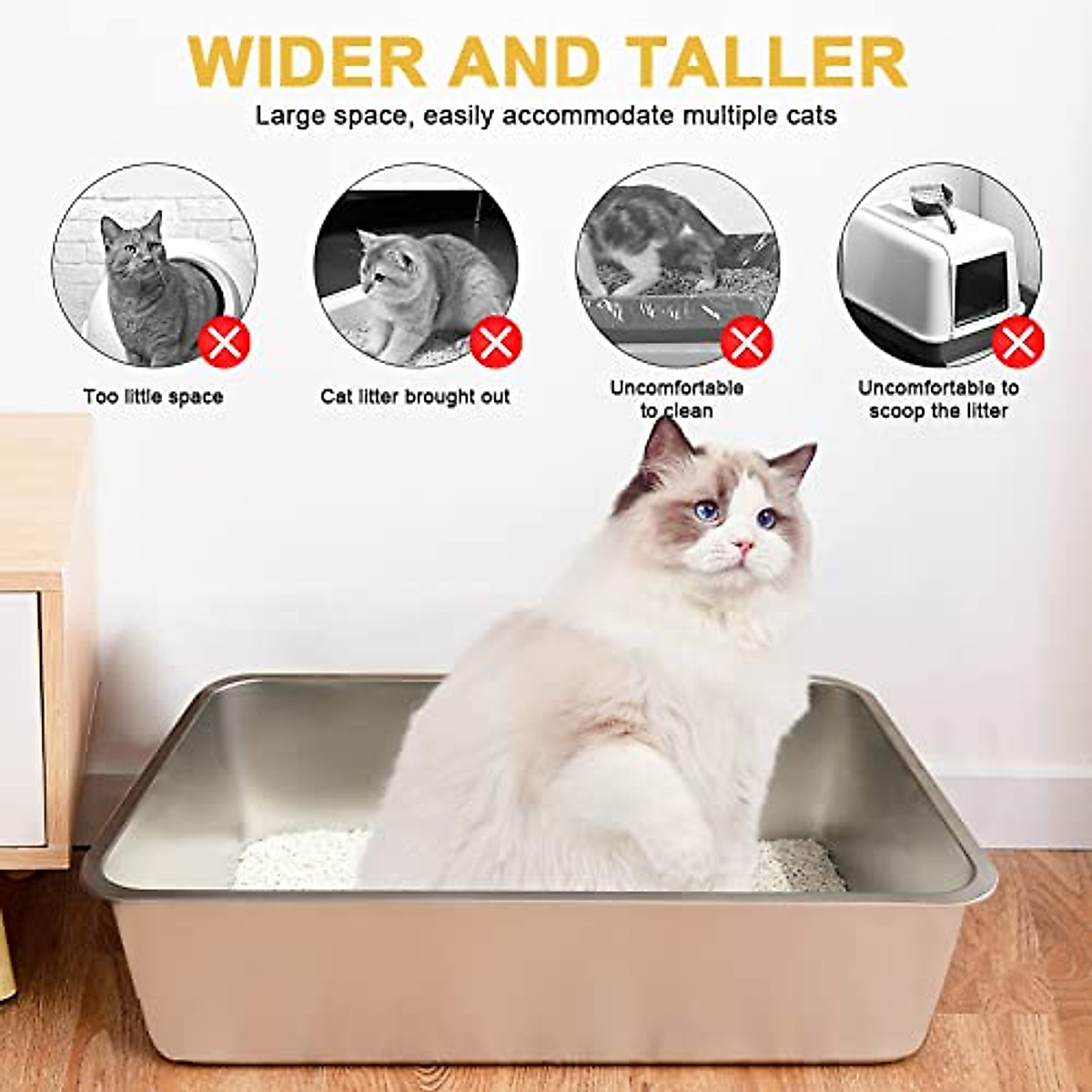3 Pack Stainless Steel Cat Litter Box, Rust Proof Large Metal Cat Box with High Sides Nonstick Litter Pan Safe and Hard for Kitten and Bunny, Easy to Clean (15.7 x 11.8 x 5.9 Inches)