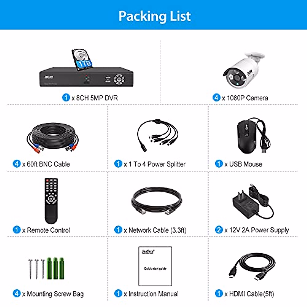 JouSecu 1080P 8CH Wired Home Security Camera System HD 5-in-1 Video DVR Recorder with 4X HD 2MP Weatherproof CCTV Cameras, Motion Alert, Remote Access