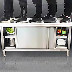 Commercial Kitchen Storage Work Table Thickened Stainless Steel Material Preparation Table Large Space Storage Cabinet Chopping Table Metal Table Sturdy and Stable(100x50x80cm)