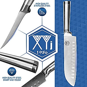 XYJ Authentic Since 1986,9-pieces Professional Japanese Chef Knife Set With Roll Bag,Vegetable Slicer Peeler Stainless Steel Slicing Bread Santoku Knife Kitchen Cutting Cooking Tools Set