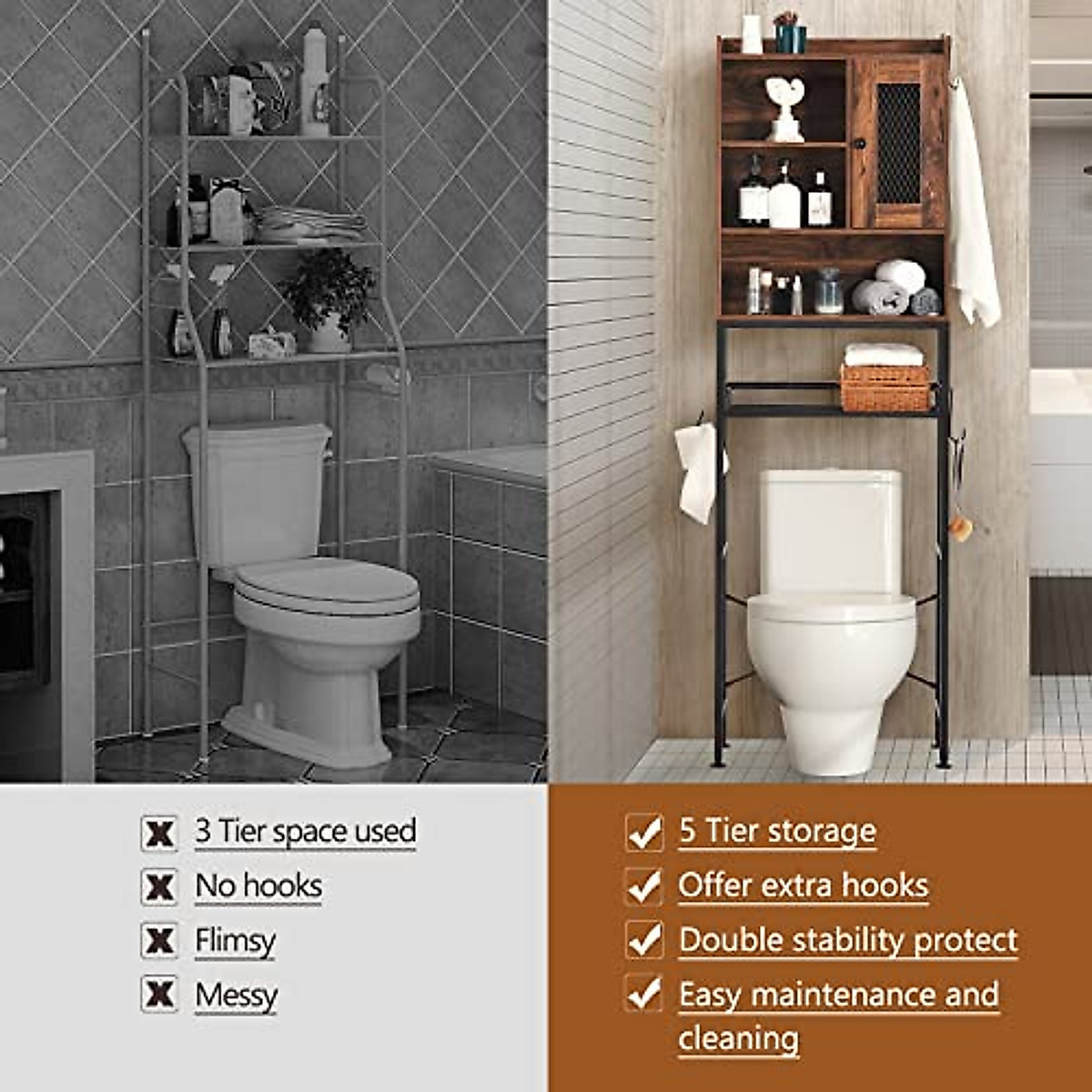 Labonida Over The Toilet Storage Cabinet - 5-Tier Freestanding Bathroom Organizer - Retro Space Saver Toilet Shelf - Multi-Function Display Shelves with Door