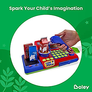 Boley Kids Toy Cash Register Set - Interactive 19pc Red Playset with Scanner, Microphone, Calculator, Play Money, Credit Card Reader, Grocery Items, Ideal for Boys & Girls Ages 3+