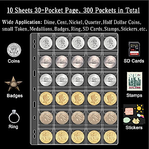 Ettonsun 10 Sheets 30-Pocket Coin Collecting Pages Coin Sleeves, Binder Inserts Coin Pocket Pages Collecting Sleeves for Most Coin Collection Holder Book Album