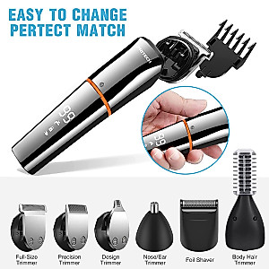 PRITECH Beard Trimmer,6 in 1 Kit Electric Hair Clipper,Cordless Nose Trimmer Mens Grooming Trimmer for Beard Head Face and Body Waterproof IPX6 USB Rechargeable LED Power Display