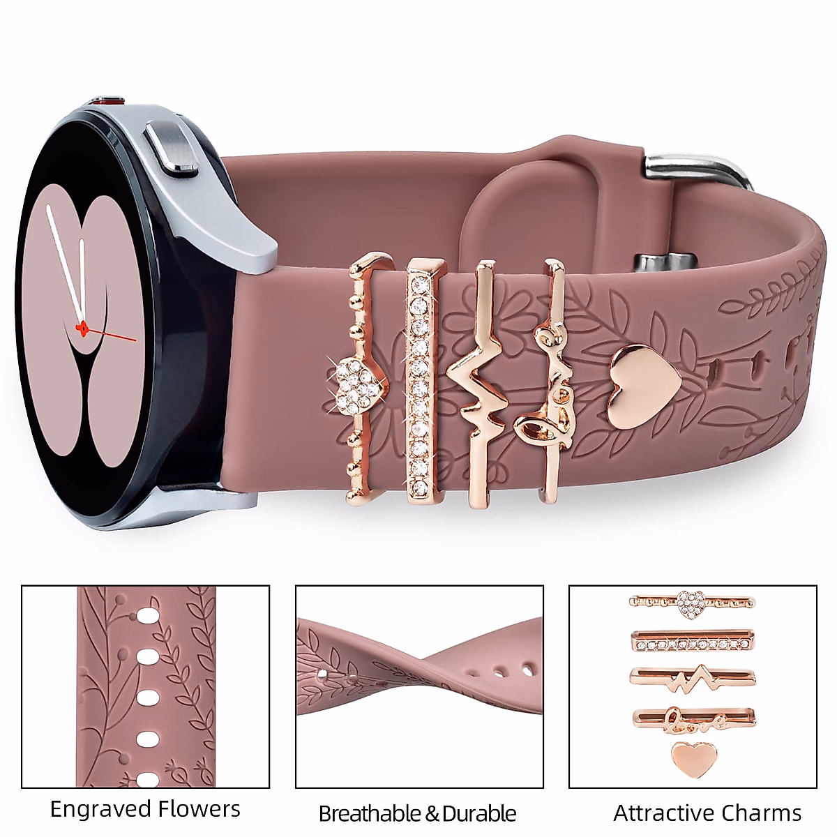ORATYFAN Bands for Samsung Galaxy Watch 7/4/5/6 with Charms, 20mm Women Floral Engraved Silicone Strap with Decorative Rings for Watch 6/Watch 5 Pro/Watch 4 Classic 46mm 42mm/Watch 3 41mm/Active 2
