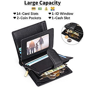 GOIACII Small Women Wallet Genuine Leather RFID Blocking Compact Bifold Zipper Pocket Purse with id Window