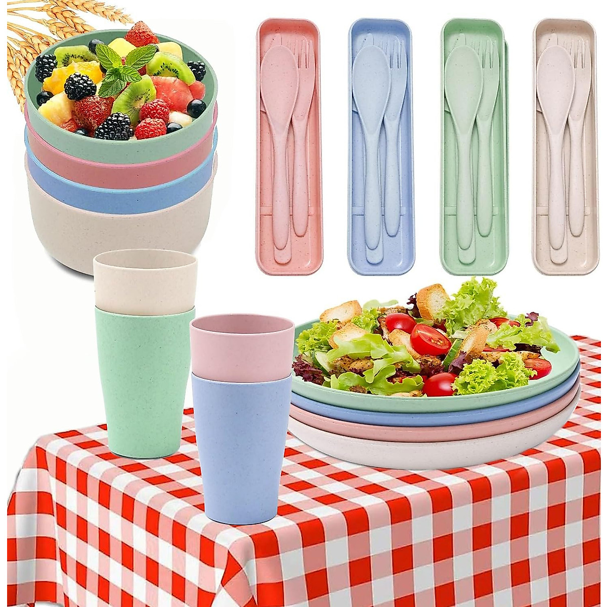 Wheat Straw Dinnerware Sets Service for 4 with Plastic Red & White Checkered Tablecloths, 28PCS Unbreakable Plastic Dinnerware Sets, Kids Plates and Bowls Sets, Lightweight Camping Cutlery Set