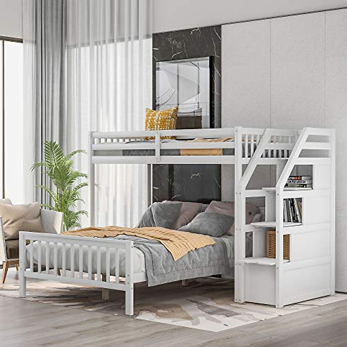 DEYOBED Twin Over Full Wooden Bunk Bed and Convertible Loft Bed with Storage Staircases - Ideal for Kids and Teens, Maximizing Space and Comfort