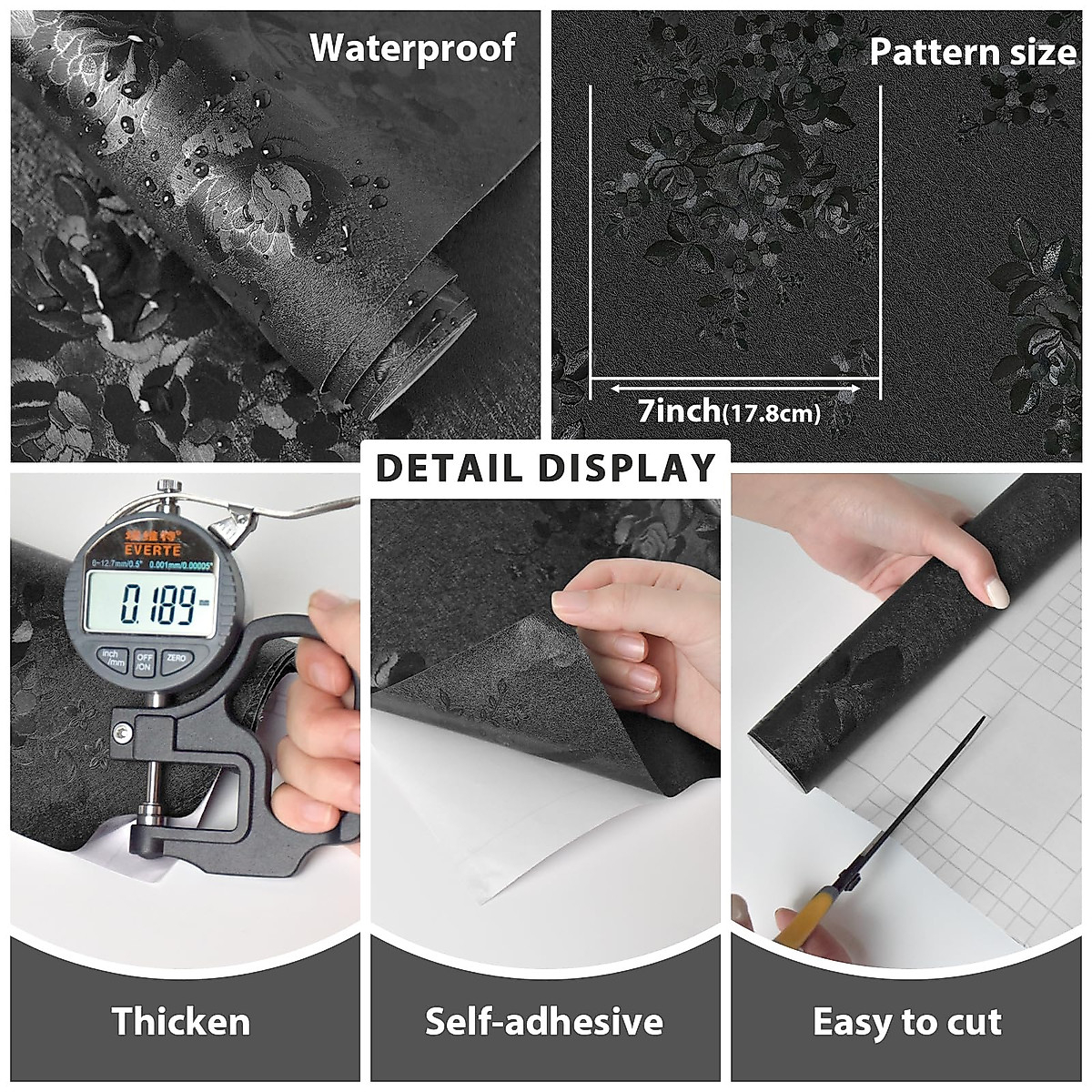 Lativo Black Peel and Stick Wallpaper Silk Embossed Floral Contact Paper for Cabinets Drawers Furniture 118×17.7''Textured Flower Wallpaper Removable Kitchen Wallpaper for Bathroom Waterproof Thicken