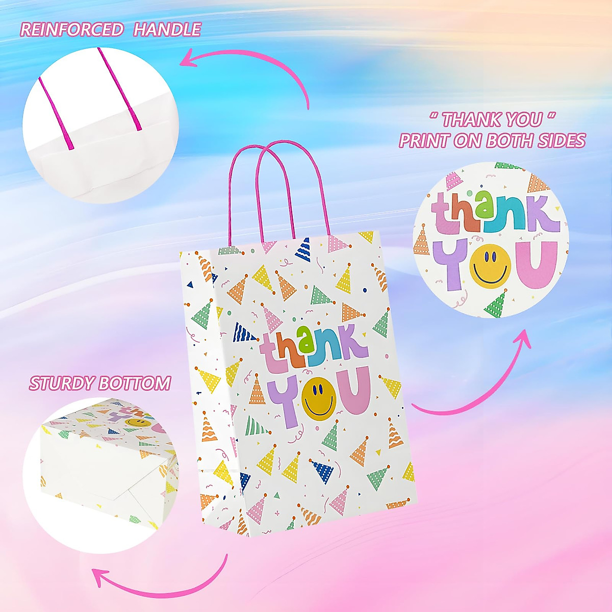 OFIHANLY 20Pcs 8.2" Small Thank You Party Favor Goodie Bags for Boy Girls Kids Birthday Cute Paper Treat Candy Return Gift Bags Bulk with Handles